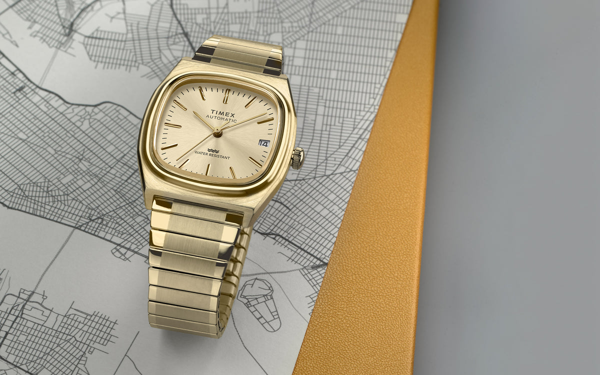 Timex® Automatic 1983 E Line Reissue 34mm Gold-Tone Expansion Band Wat ...